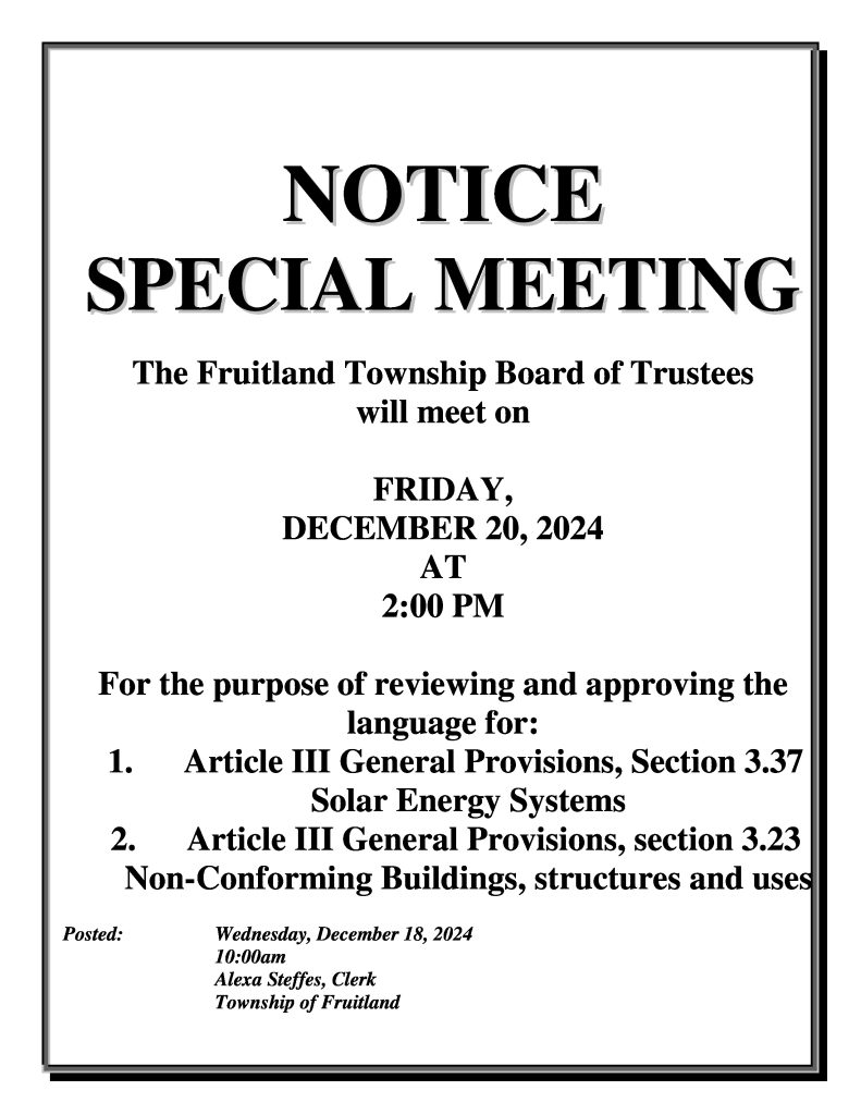 Notice – Special Meeting – Fruitland Township