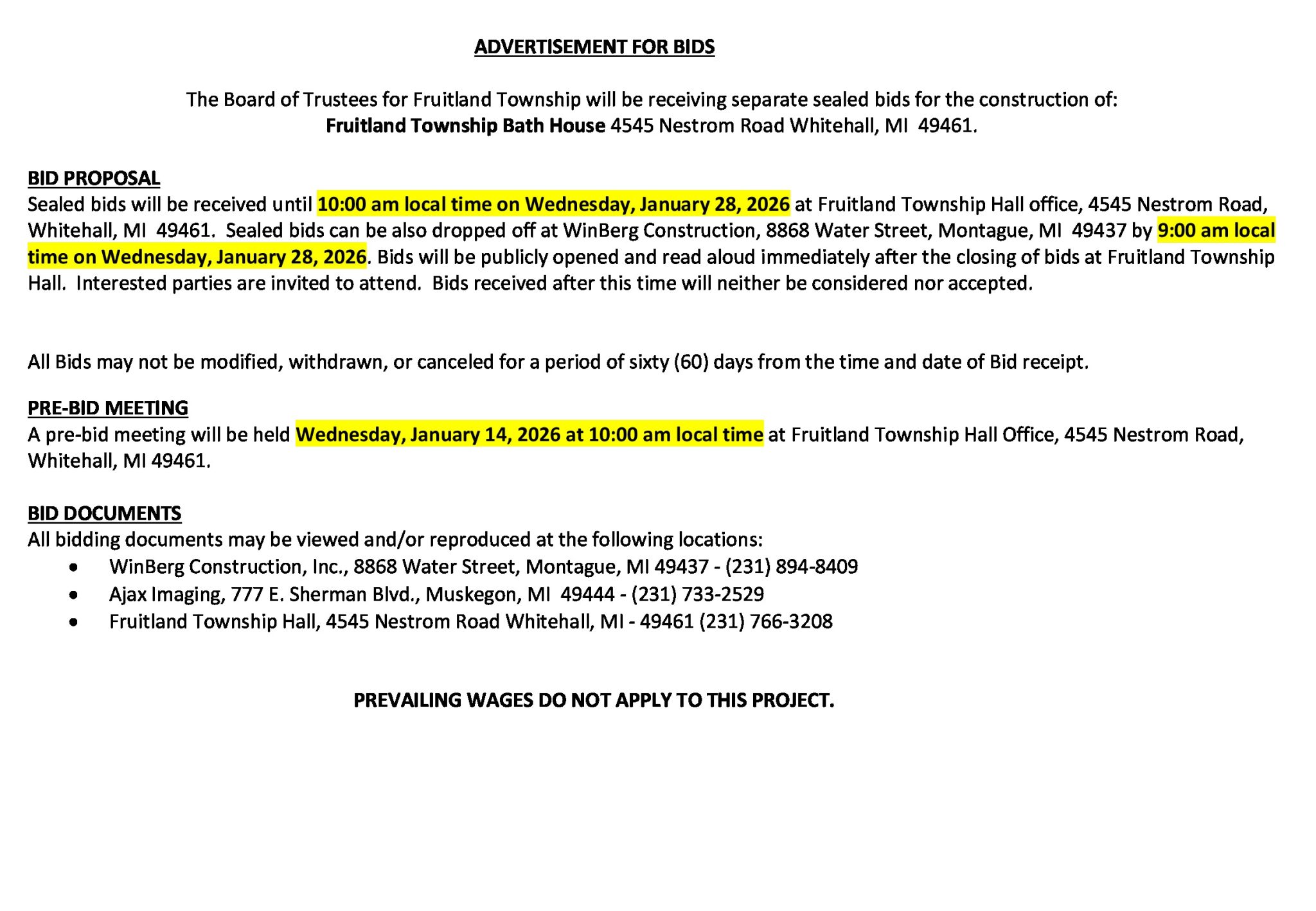 Advertisement for Bid – Fruitland Township